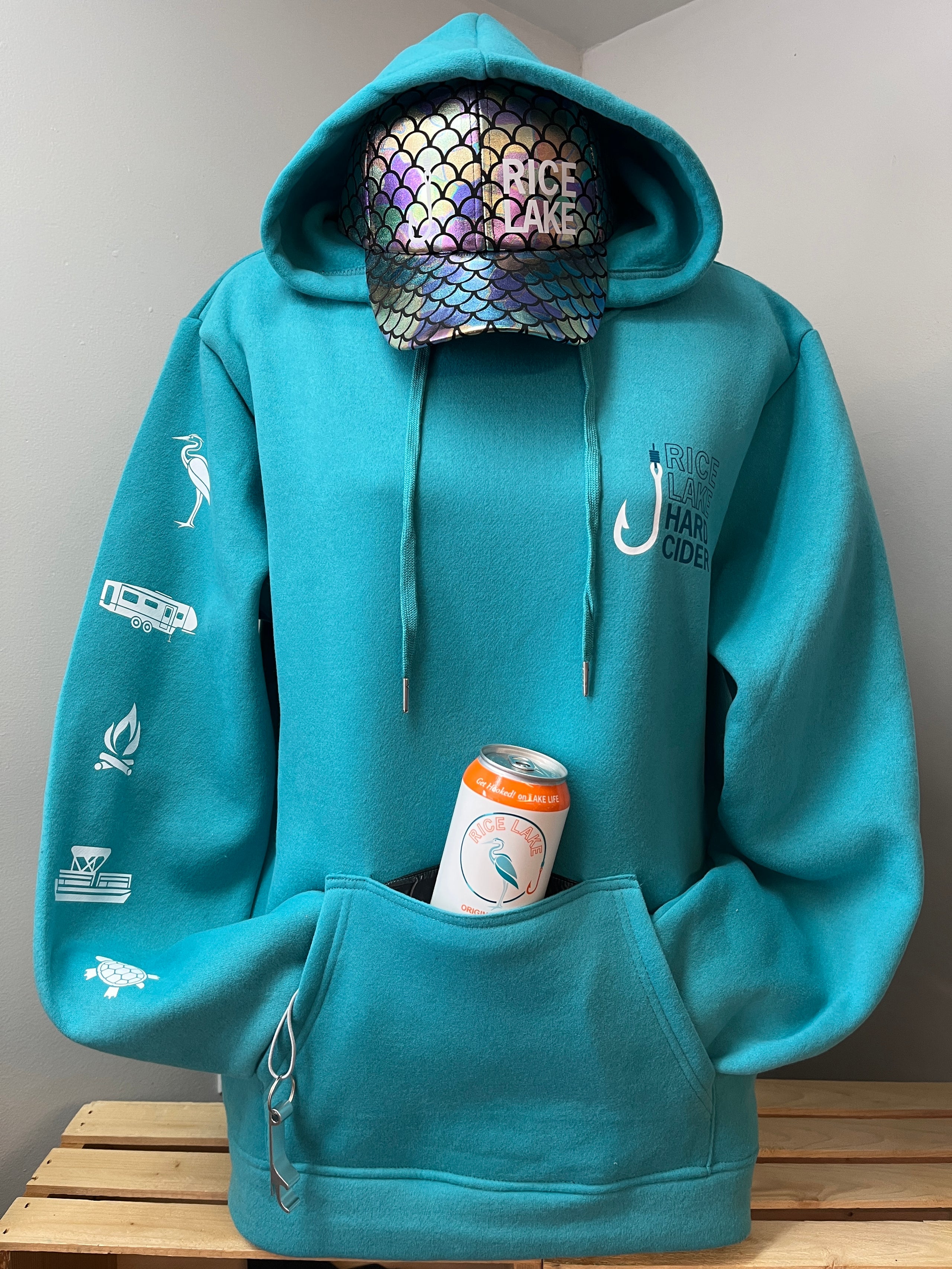 Campfire Hoodie - Lake Water Aqua: Icons | Rice Lake Hard Cider Campfire Hoodie - Lake Water Aqua: Icons | Rice Lake Hard Cider